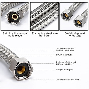 Vataler Faucet Line Connector Braided 304 Stainless Steel Supply Hose 1/2" I.P. Female Thread to 1/2" I.P. Female Straight Thread Faucet Hose Replacement (One Pair)