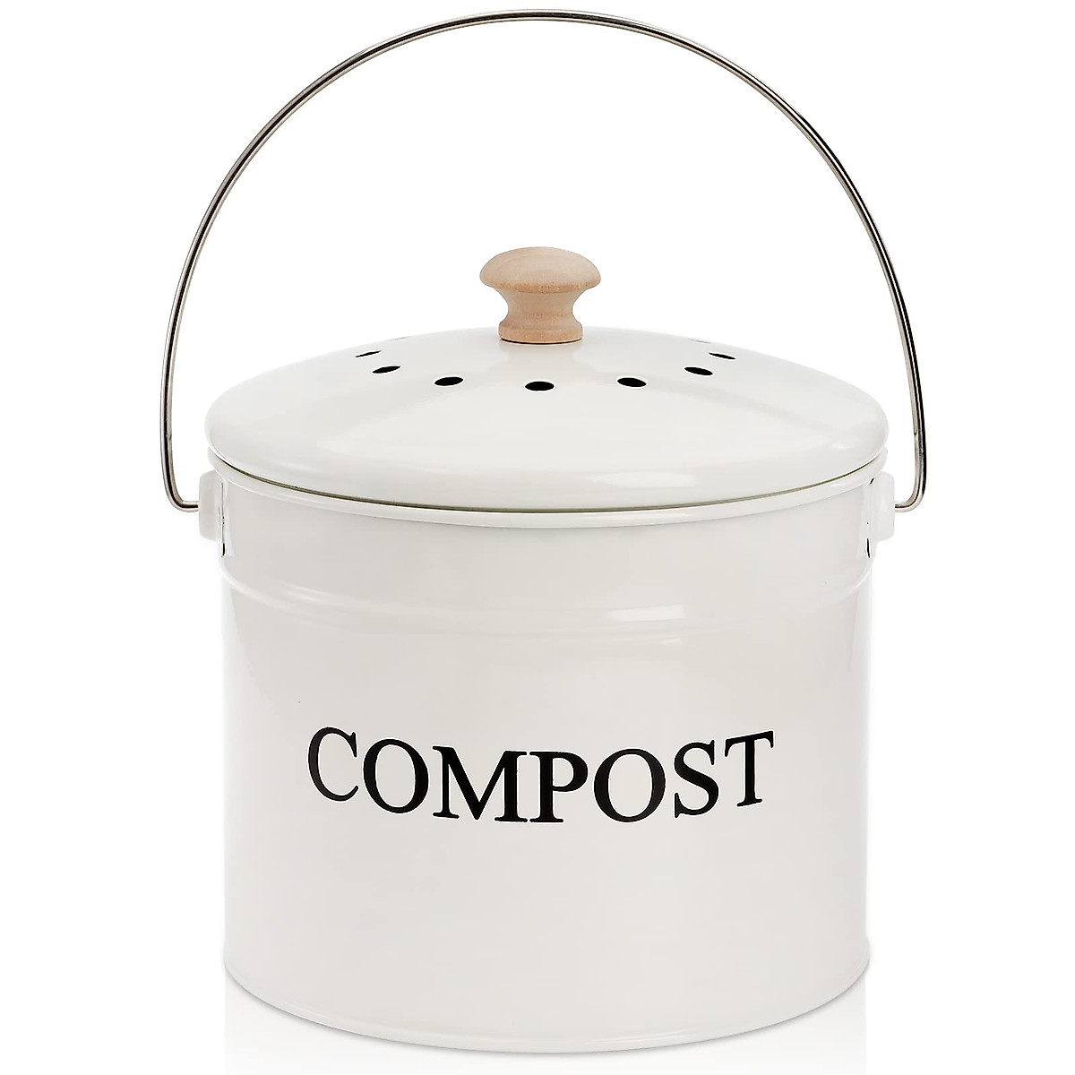 AVLA Compost Bin Kitchen Countertop, 1 Gallon Composter Pail, Food Waste Composting Bucket, Odorless Trash Keeper Container, White Scraps Caddy with Charcoal Filter, Carrying Handle, Lid
