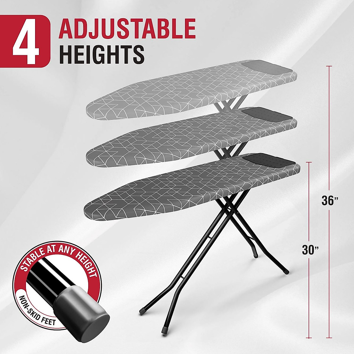 Xabitat Full Metal Ironing Board 48" X 15" with Silicon Iron Rest, Wall Mount & Closet Hanging Hook, Built-in Iron Caddy, Full Metal Heavy Duty Construction, Heat & Scorch Resistant Fabric