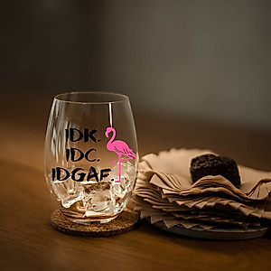Perfectinsoy IDK IDC IDGAF Wine Glass, Flamingo Wine Glass, Funny Sarcastic Novelty Gift for Women, Sister, Friends, Coworkers, Boss, Employee, Birthday Gifts for Flamingo Lovers Mom, Sister, BFF