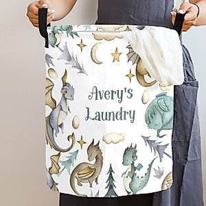 Personalized Laundry Basket for Boys Girls, Animals Dragon Watercolor Custom Laundry Basket Waterproof Coating with Handles,For Bathroom Bedroom Living Room