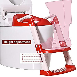 Potty Training Toilet Seat for Kids with Non-Slip Step Stool Ladder,Children Toddler Folding Toilet Training Seat Chair with Soft Cushion and Handles, Height Adjustable Perfect for Girls and Boys(Red)