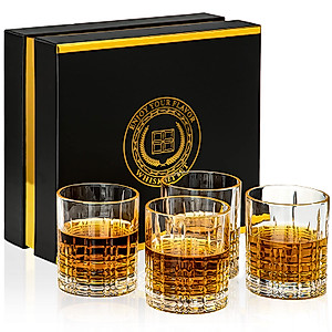 Whiskey Glasses Set of 4, Old Fashioned Glass 10 Ounce Crystal Glasses Gift Box for Men Women, Rock Tumblers for Bourbon, Scotch, Cognac, Brandy, Rum, Liquor, Cocktails