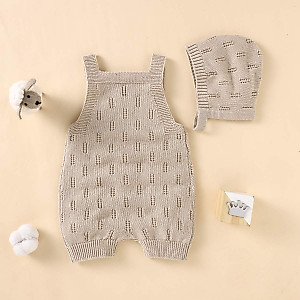 LAWKUL Baby Knit Romper Sleeveless 100% Cotton Jumpsuit with Hat Newborn Outfits Overall Bodysuit One Piece 2pcs Beige 0-6M