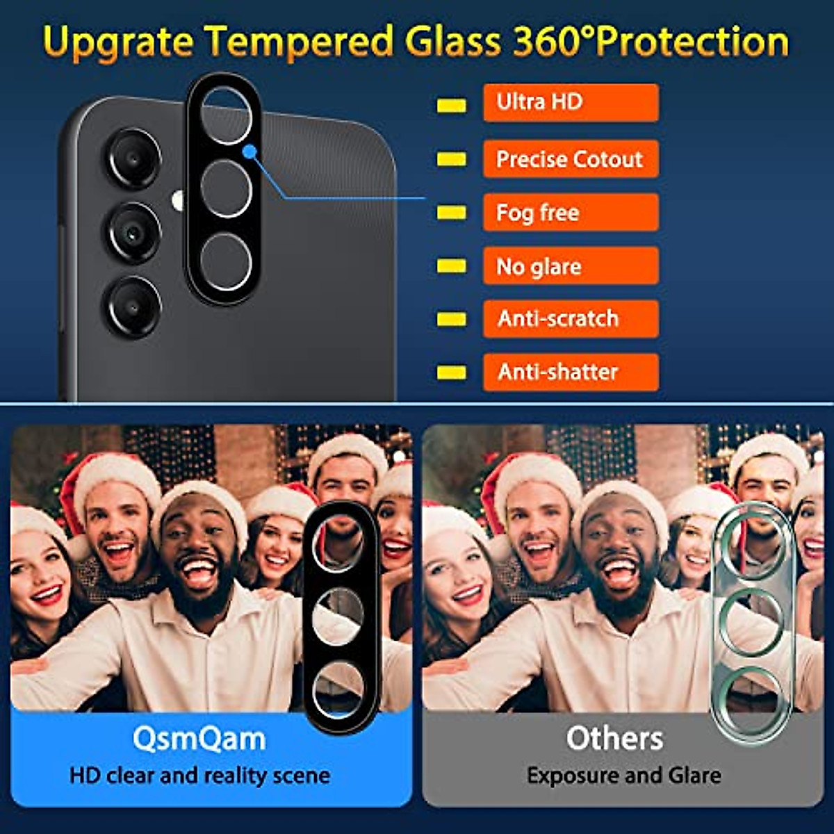 QsmQam 3 Pack Screen Protector for Samsung Galaxy A14 5G + 3 Pack Camera Lens Protector, Ultra HD Tempered Glass, 9H Hardness, Anti Scratch, Easy Installation - Case Friendly