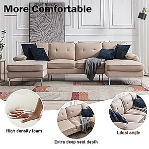 Zugoni 110''Sectional Sofa U Shaped Sectional Couch, Large Sectional Couches with Tufted for Living Room, Comfy Soft Chaise Sectional Sofas, Modern Linen Sectionals with 4 Free Throw Pillows, Beige