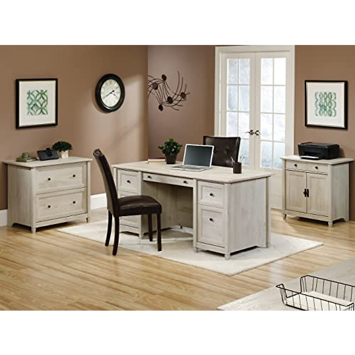 Sauder Edge Water Executive Desk, L: 65.12" x W: 29.53" x H: 29.37", Chalked Chestnut finish