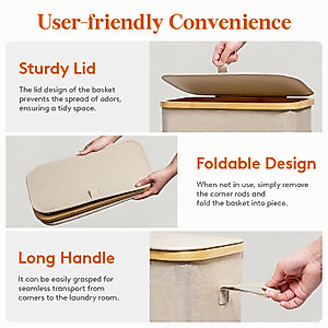 Lifewit 65L Slim Laundry Hamper with Lid, Narrow Laundry Basket with Removable Bag & Bamboo Handles, Fodable Thin Dirty Clothes Hamper for Laundry Collapsible Bin for Bathroom Bedroom Dorm, Beige