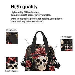 Gothic Sugar Skull Red Rose Lunch Bag Adjustable Shoulder Strap Cooler Bag Reusable Zipper Insulated Lunch Tote Bag for Work Picnic Camping School