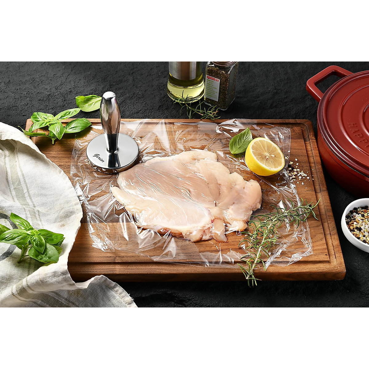 Meat Pounder Tenderizer - Solid Cast Stainless Steel Round Chicken Flattener Tool - Dishwasher Safe