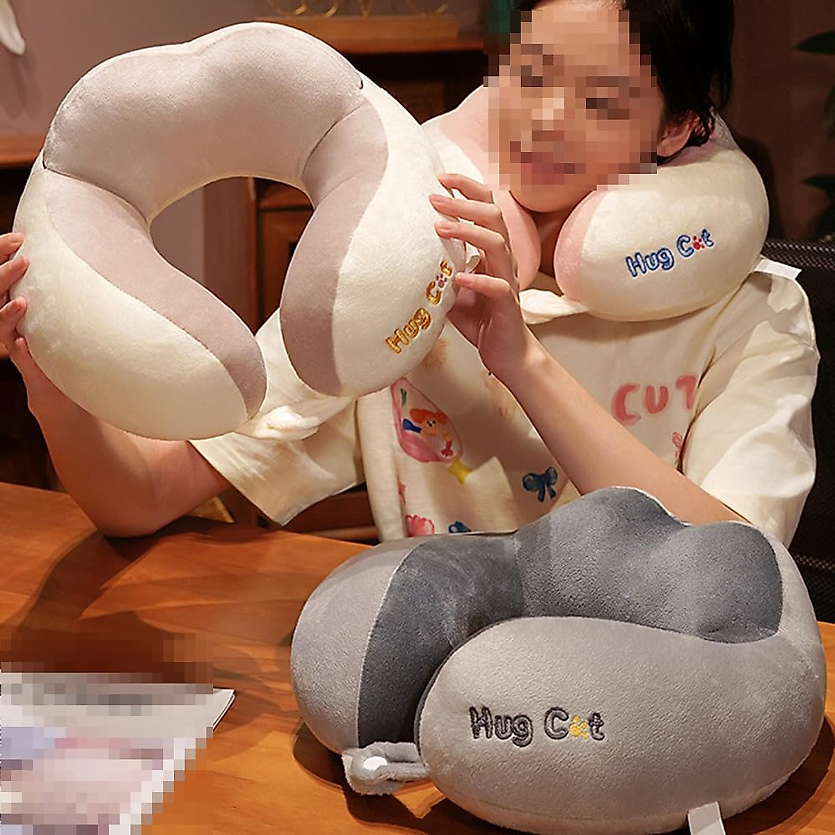 Flush of Dawn Cartoon U Neck Pillow Soft Portable Travel U Pillow Office Car Head Pillow Cushion Airplane U Shaped Pillow (30×30×12CM/11.8"×11.8"×4.72", Gray)