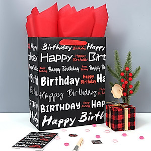 13" Large Black Gift Bags Set with Greeting Card and Tissue Papers (White & Red Happy Birthday) for Men's or Women's, Boys, Girls or Kids Party, Baby
