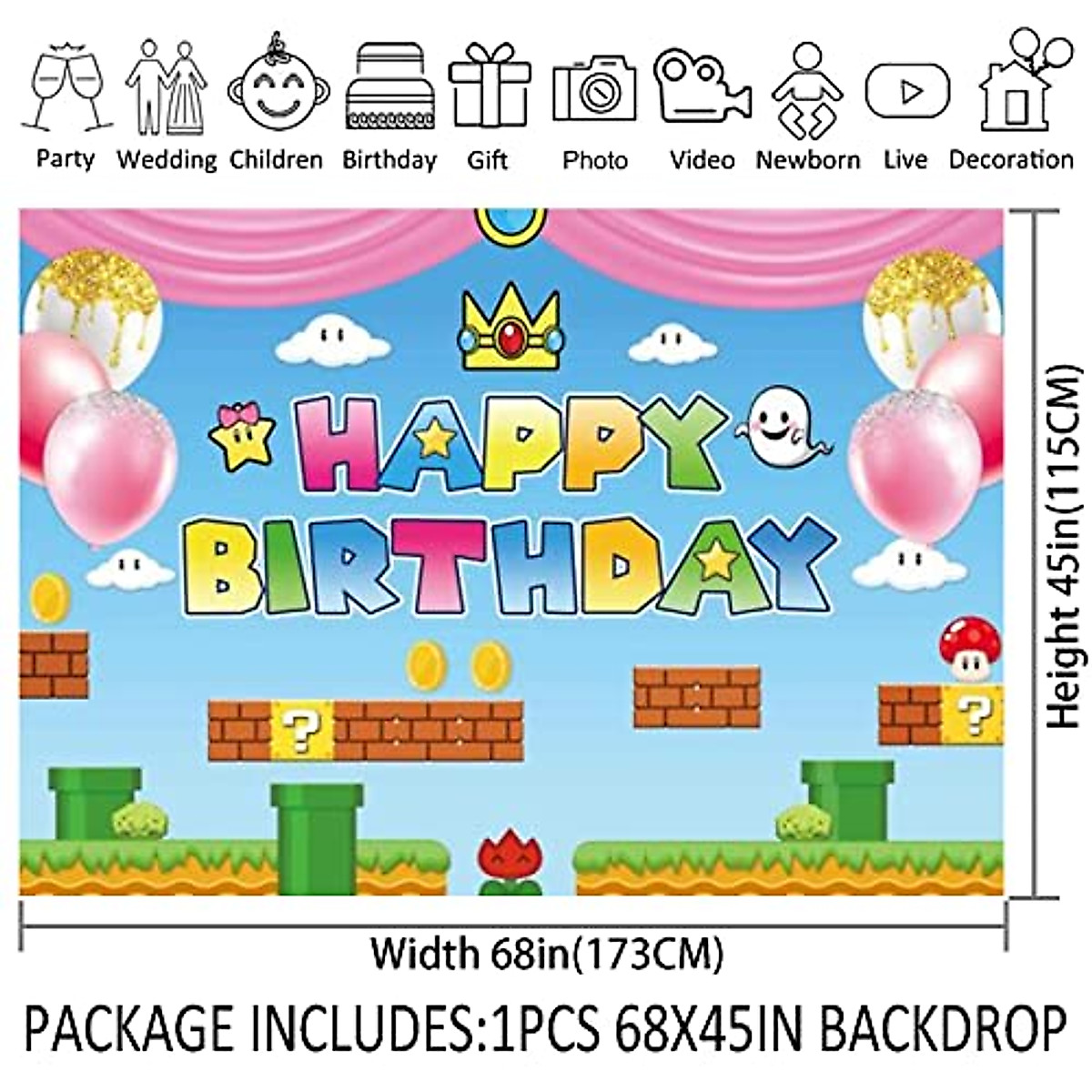 68x45inch Fabric Video Game Birthday Backdrop Cartoon Super Brother Photography Background Adventure Gold Coin Mushroom Princess for Girl Party Decor Baby Shower Supplies Photo Banner Booth