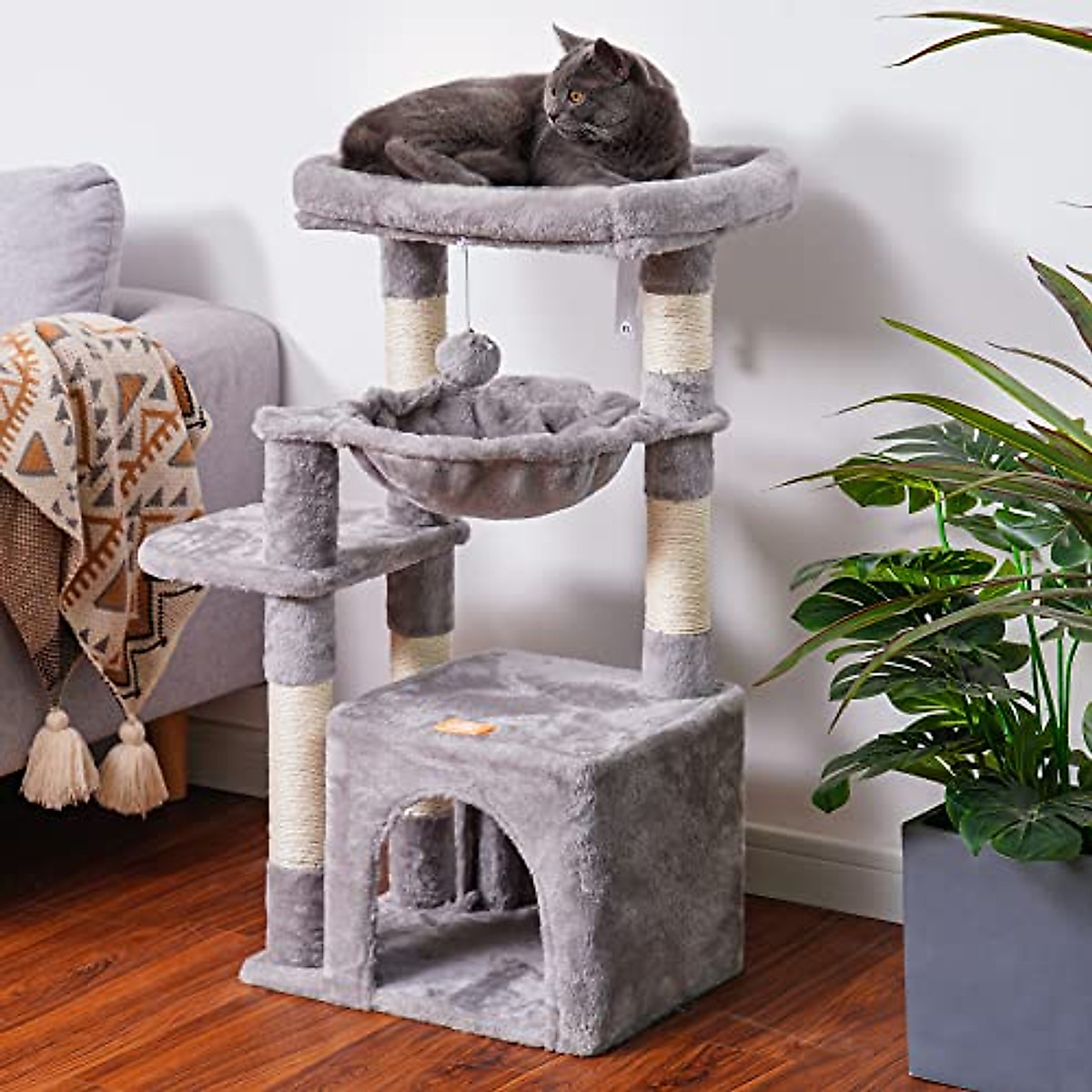 Heybly Cat Tree for Indoor Cats, Cat Tower condo for Kitten, Cat House with Padded Plush Perch, Cozy Hammock and Sisal Scratching Posts, Light Gray HCT003SW