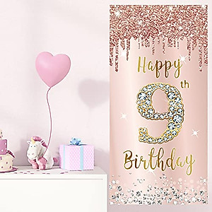 9th Birthday Door Banner Decorations for Girls, Pink Rose Gold Happy 9th Birthday Sign Door Cover Backdrop Party Decor, Large Nine Year Old Birthday Poster Background Photo Booth Props Party Supplies