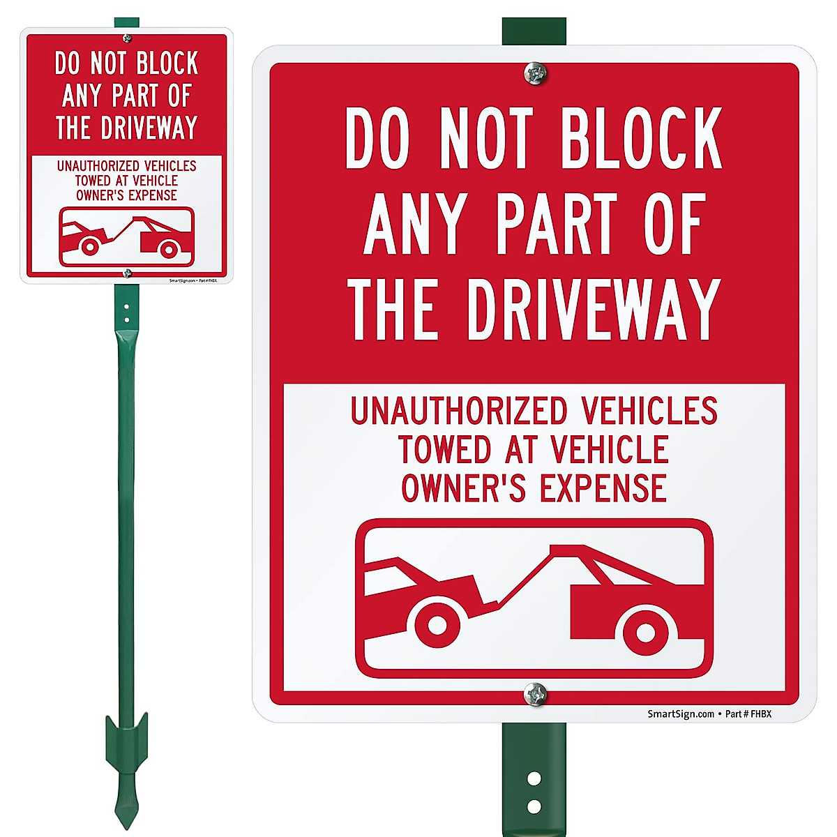 SmartSign 12" x 10" 'Do Not Block Any Part Of The Driveway Unauthorized Vehicles Towed' LawnBoss Yard Sign with 3 ft Stake, 40 mil Laminated Aluminum, Red and White, Set of 1, USA-Made
