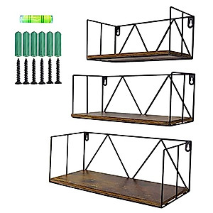 Floating Wall Shelves Set of 3, Black Metal Wire Hanging Rustic Storage Shelf Decor Organizer for Bedroom Bedside Kitchen Bathroom Living Room