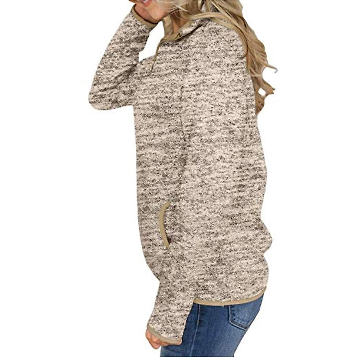 Artfish Women's Women Quarter Zip Casual Pullovers Fall Shirts Sweaters Sweatshirts with Pockets Beige Tan, XXL