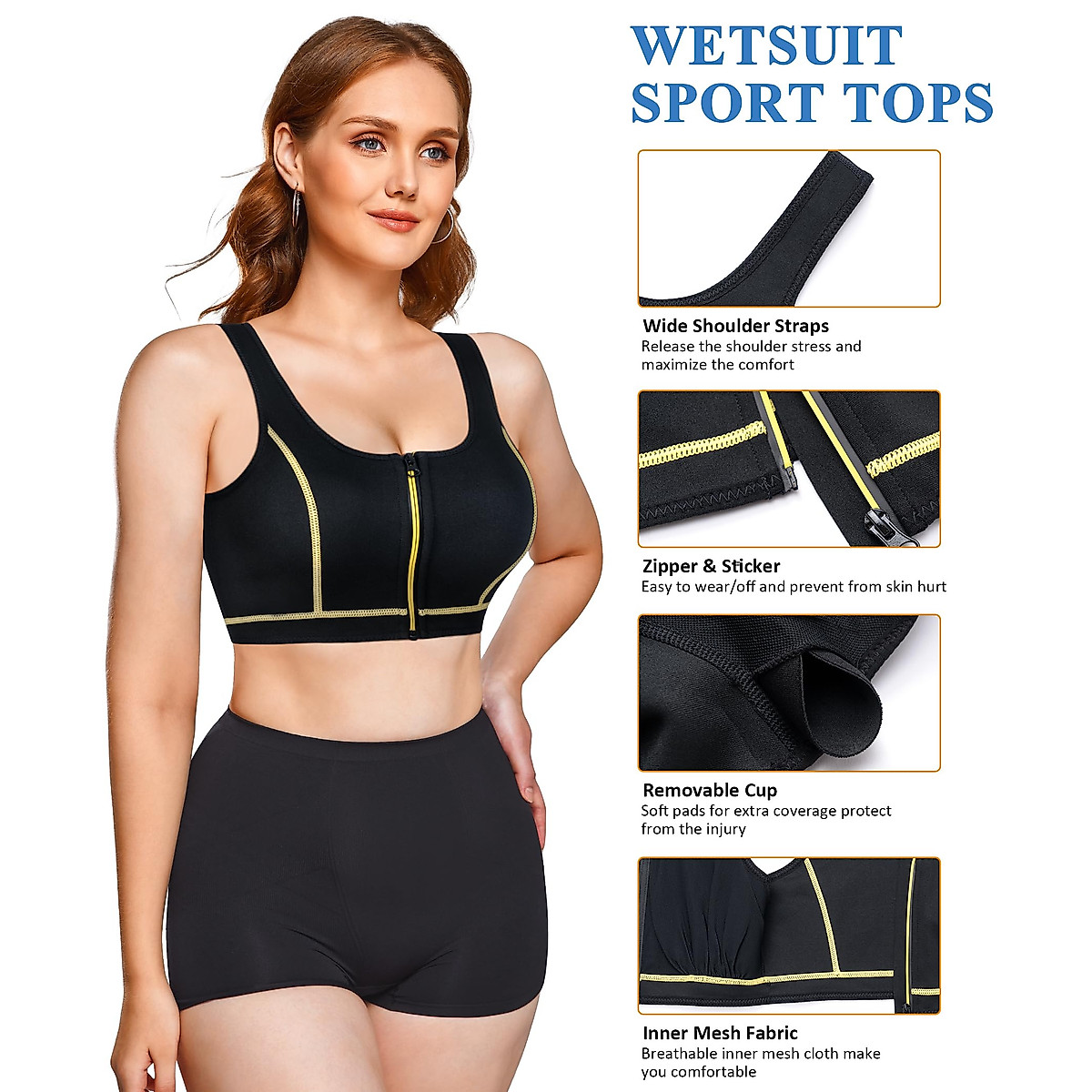 CtriLady Women High Impact Neoprene Sport Bra Front Zipper Crop Tank Top Full Cup Vest for Surfing Snorkeling Fitness (Black Yellow,XL)