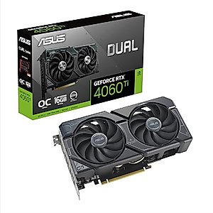 ASUS Dual GeForce RTX™ 4060 Ti 16GB OC Edition GDDR6 (PCIe 4.0, 16GB GDDR6, DLSS 3, HDMI 2.1a, DisplayPort 1.4a, 2.5-slot design, Axial-tech fan design, 0dB technology, and more)