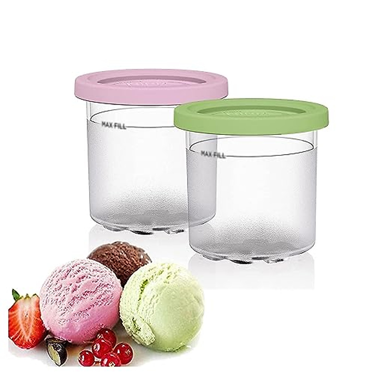 EVANEM 2/4/6PCS Creami Deluxe Pints, for Ninja Kitchen Creami,16 OZ Pint Frozen Dessert Containers Reusable,Leaf-Proof for NC301 NC300 NC299AM Series Ice Cream Maker,Pink+Green-2PCS