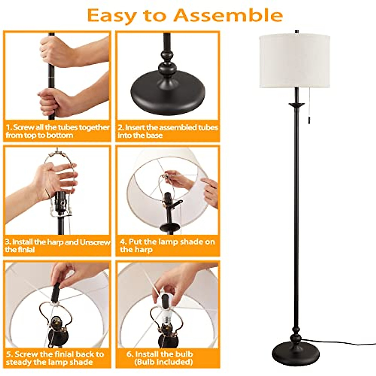 Luvkczc Modern Floor Lamp, 60" Standing Lamp for Living Room with Fabric Lamp Shade, Corner Tall Reading Lamp for Bedroom, Office, Dining Room, Farmhouse (Bulb Included) (Black)