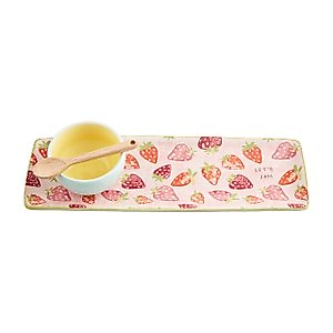 Mud Pie Strawberry Tray & Dip Set, Tray 4" X 13" | Cup 2" X 3 1/2" Dia | Spoon 5 1/2"