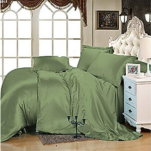 Kanak Bedding - 7 Piece Soft Silk Satin Soft Quilt,19 Inch Deep Pocket Sheet Set with Duvet Set Size Queen Colour Olive