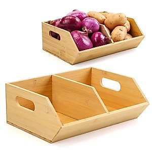 BYOA Official 2 Set Bamboo Storage Bins, Pantry Organizers and Storage, Kitchen Countertop Organization and Storage Basket for Produce, Onions, Potatoes, Garlic, Fruits, Vegetable and Bread