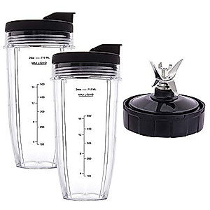 Revorit Blender Replacement Parts for Ninja, 2 24oz Cups with To-Go Lids, 7 Fins Extractor Blade, for Nutri Ninja Auto iQ BN801 BL480-30 BL640-30 BL642-30 NN100-30 BL2012 (2 Pack)