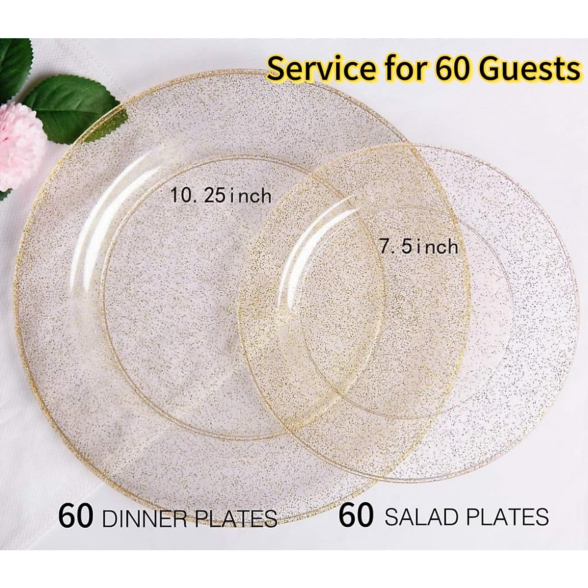 WDF 120PCS Gold Plastic Plates- Disposable Gold Glitter Plates, Premium Heavy Duty 60-10.25" Dinner Plates and 60-7.5" Salad Plates for Parties &Wedding