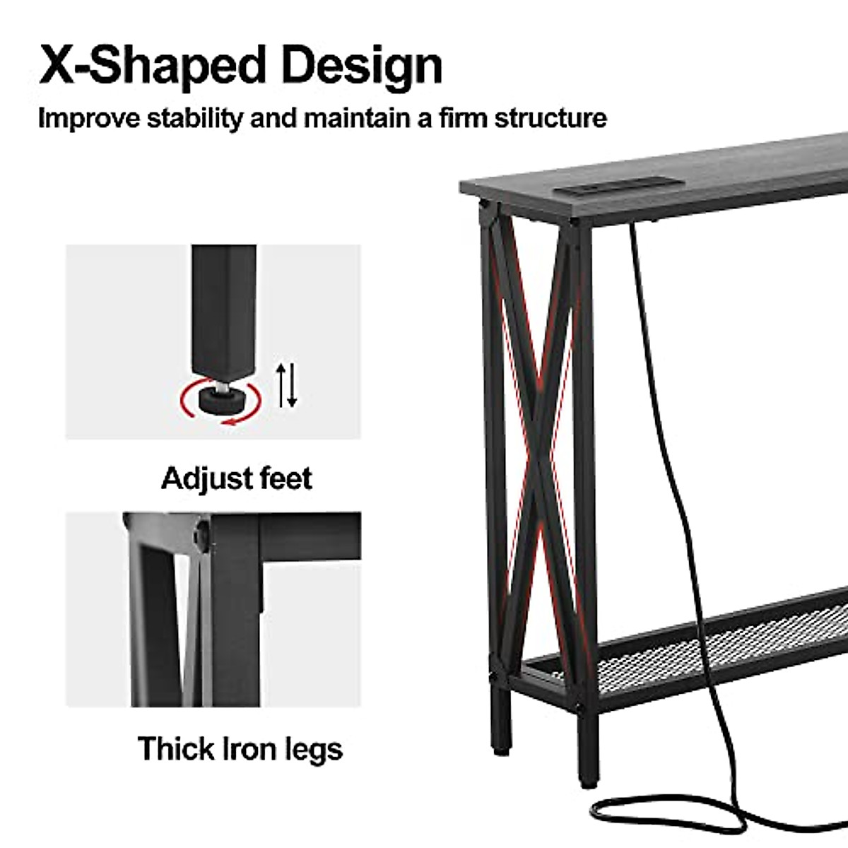 Zoopolyn Console Sofa Table with Power Outlet and USB Ports Narrow Couch Table for Living Room 47 Inch Entrance Hallway Table with Shelf Grey Oak