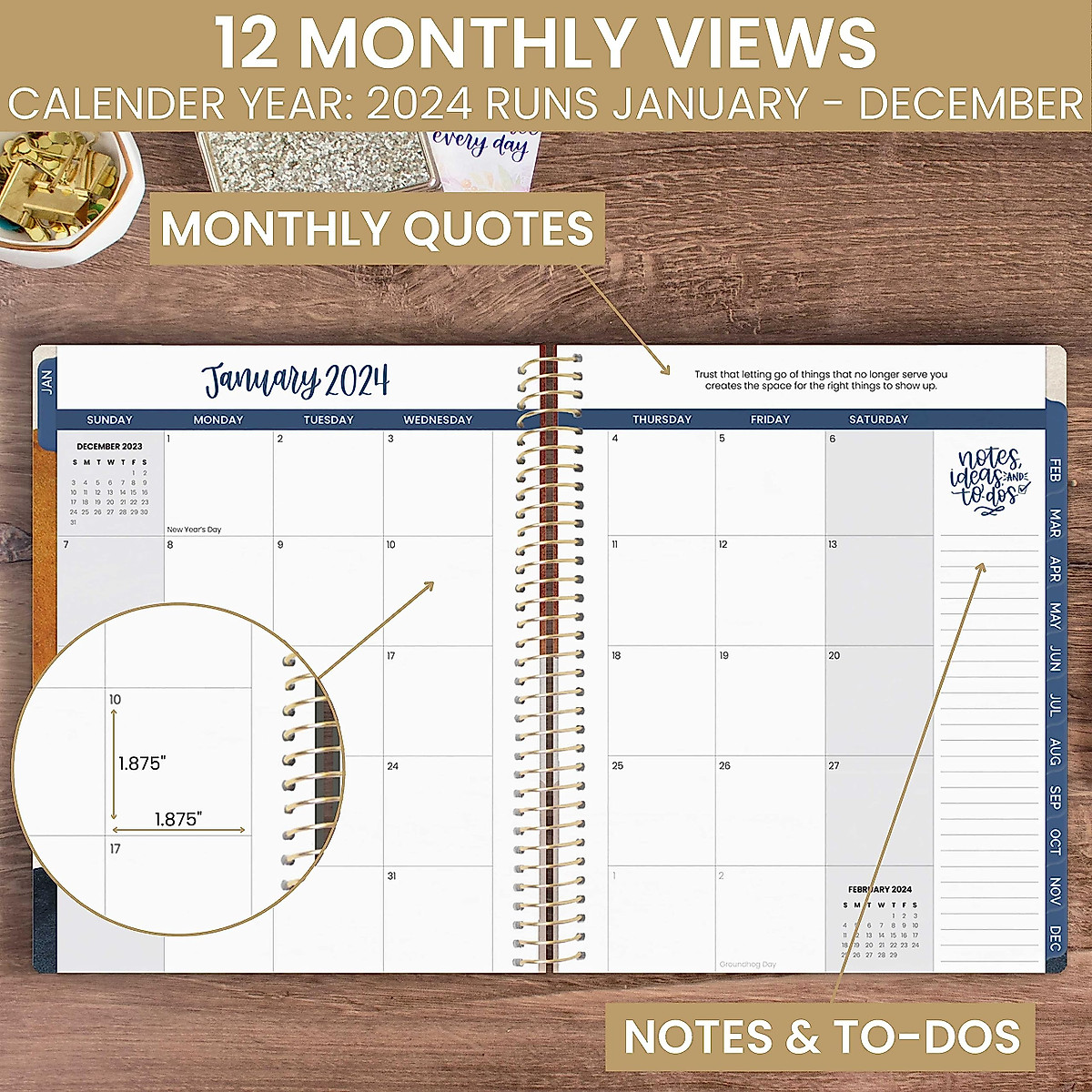 bloom daily planners 2024 (8.5" x 11") Calendar Year Day Planner (January 2024 - December 2024) - Weekly/Monthly Dated Agenda Organizer with Tabs - Earthy Abstract, Blue