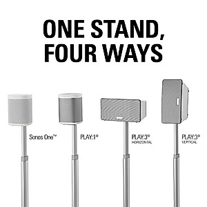 Sanus Adjustable Height Wireless Speaker Stands Designed for SONOS ONE, ONE SL, Play:1, and Play:3 - Tool-Free Height Adjust Up to 16" with Built in Cable Management - Single White…