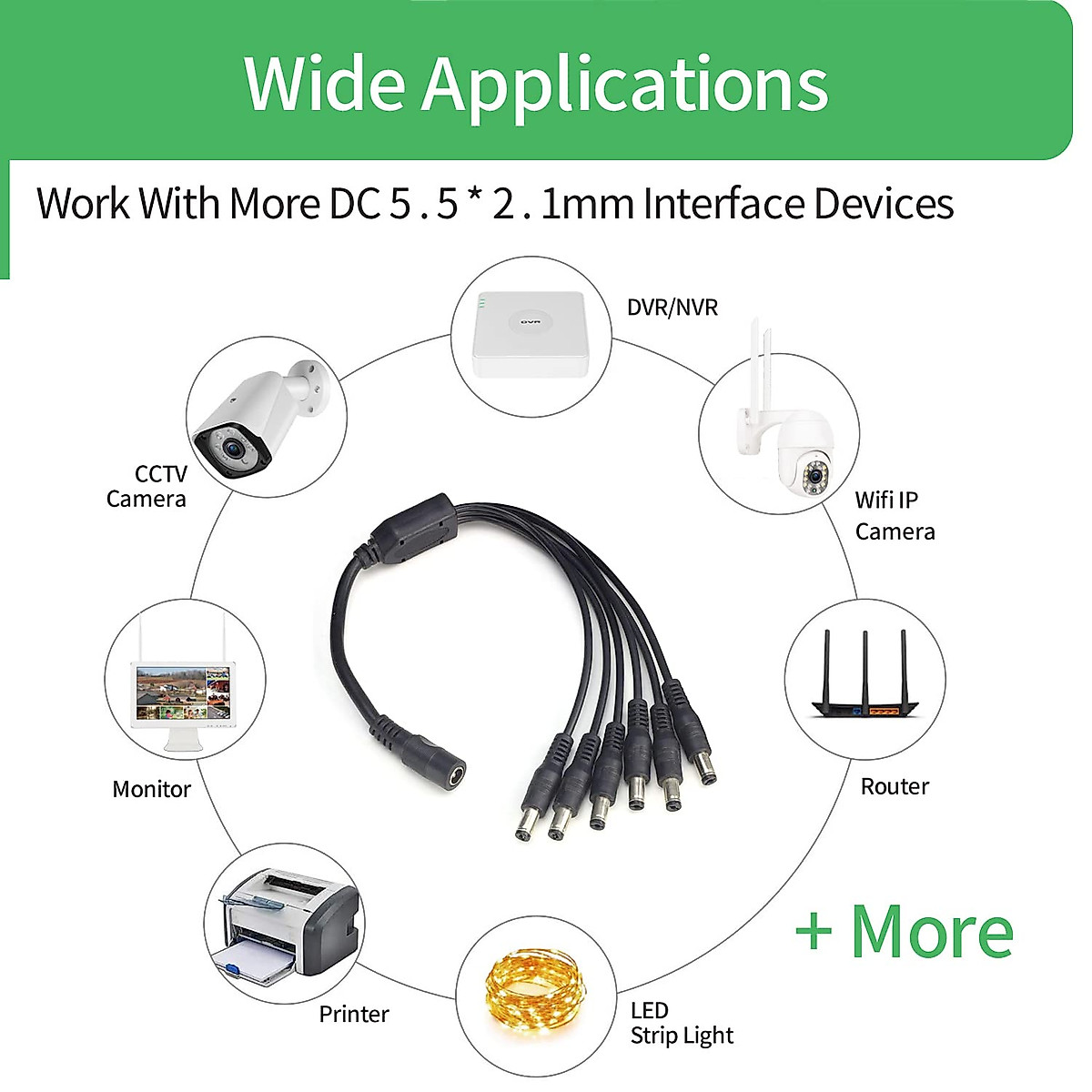 Security-01 2-Pack 1 to 6 Way DC Power Splitter Cable, Plug 5.5mm x 2.1mm for CCTV Cameras LED Light Strip and More
