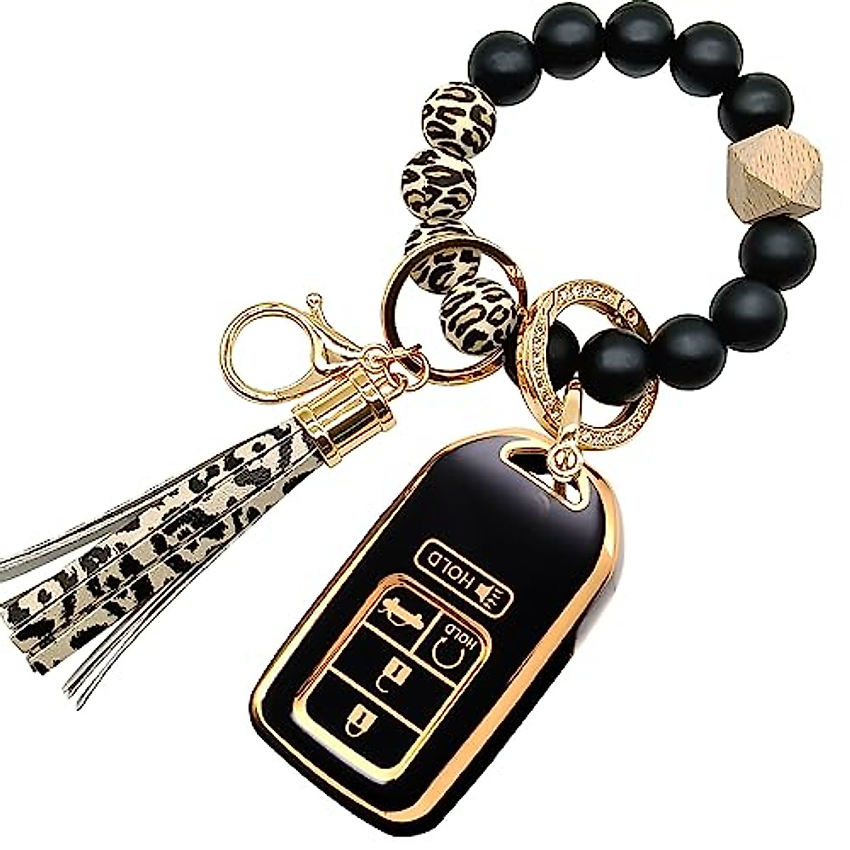 FONNUY for Honda Key Fob Cover,Black Leopard Beaded Key Holder Fits for Honda Accord Civic Cr-V Hr-V Fit Odyssey Jed Crosstour Crider Smart Key Accessaries Set