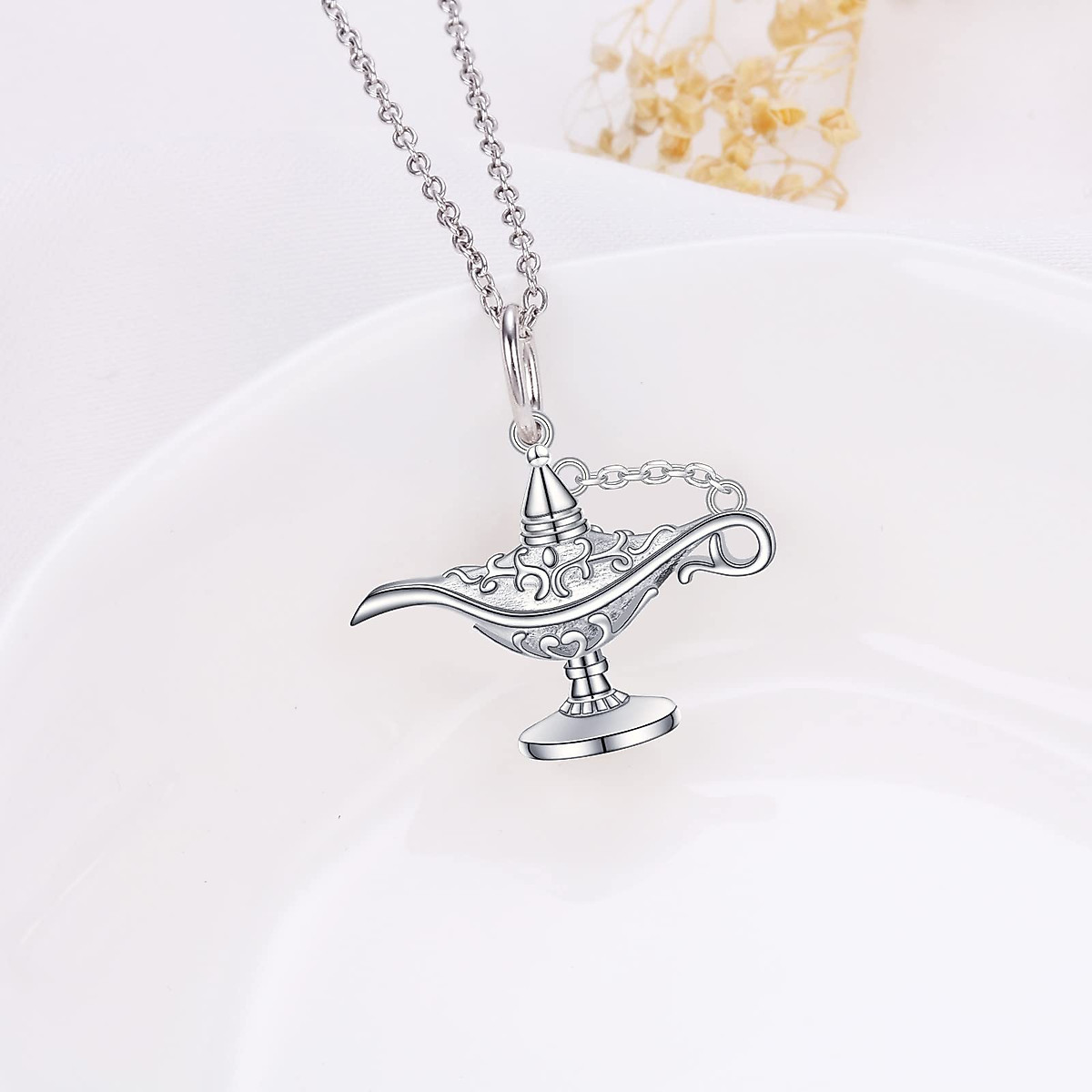 DAOCHONG S925 Sterling Silver Aladding Magic Genie Lamp Legend Wishing Carved Lamp Pendant Necklace Jewelry Good Luck Gift for Women