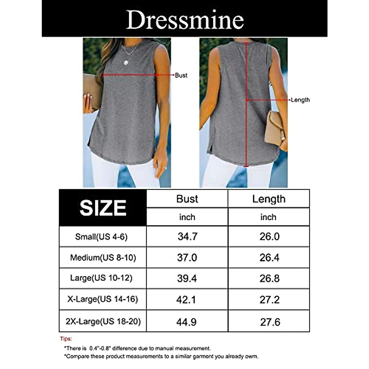 Dressmine Women's Tank Tops Loose Fit Crew Neck Sleeveless Summer Top Shirts Side Split Tunic Black XX-Large