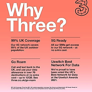 Three UK New PrePaid Europe (UK Three) SIM Card 30GB Data Unlimited Minutes/Texts for 30 Days with Free Roaming/USE in 71 Destinations Including Europe, South America and Australia (30GB)
