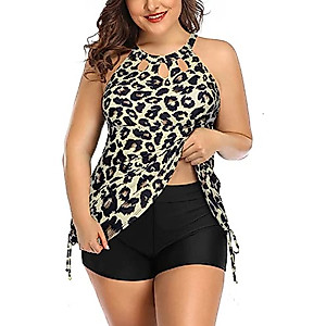 Aqua Eve Women Two Piece Plus Size Swimsuit High Neck Tankini Set Tummy Control Bathing Suit with Shorts Leopard 18W