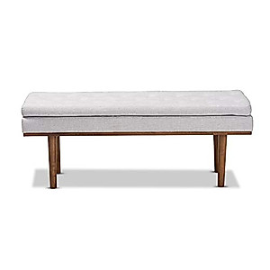Baxton Studio Rika Mid-Century Modern Greyish Beige Fabric Upholstered Walnut Brown Finished Boomerang Bench