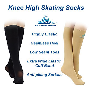 SkatingSpirit Figure Skating Socks (2 Pairs), Knee high, Extra wide cuff band non-slipping (Beige)