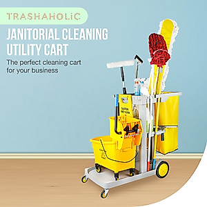 Janitorial Utility Cart - Multifunctional 3-Tier Cleaning Cart for Apartment Buildings, Business Centers, Hotels - Waste Management Trolley - Janitor Cleaning Push Cart w/ 25-gal Removable Trash Bag