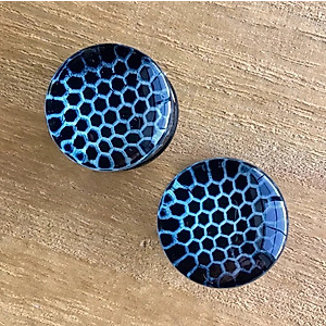 Lobal Domination PAIR of Black Honeycomb Design Pyrex Glass Double Flare Plugs Gauges Body Jewelry (10mm (00g))