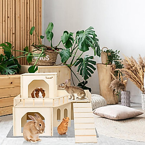 Wooden Guinea Pig Hideout House with Ramp, Large Guinea Pig Castle, Multi-Chamber Small Animal Habitat Decor, Cage Accessories for Hamster Guinea Pig Chinchilla Dwarf Rabbit Hedgehog Squirrel