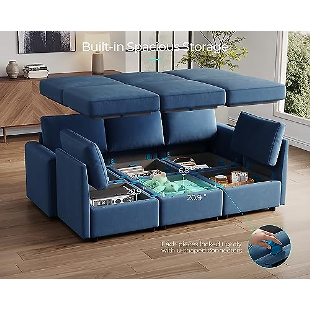 LINSY HOME Modular Sectional Sleeper Sofa, Convertible Sofa Bed with Memory Foam, Storage, Modular Sectionals Couch with Chaise for Family Movie Night, Living Room Furniture Sets, Blue