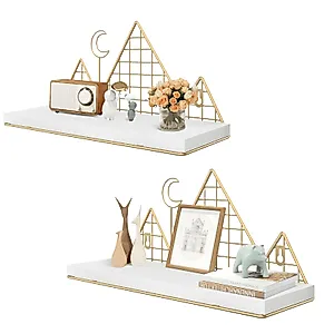 Homode Floating Shelves, Set of 2 Mountain Shelves Wall Decor, Metal and Wood Hanging Shelves Woodland Bookshelf for Nursery, Kids Room, Bathroom, Bedroom, White and Gold