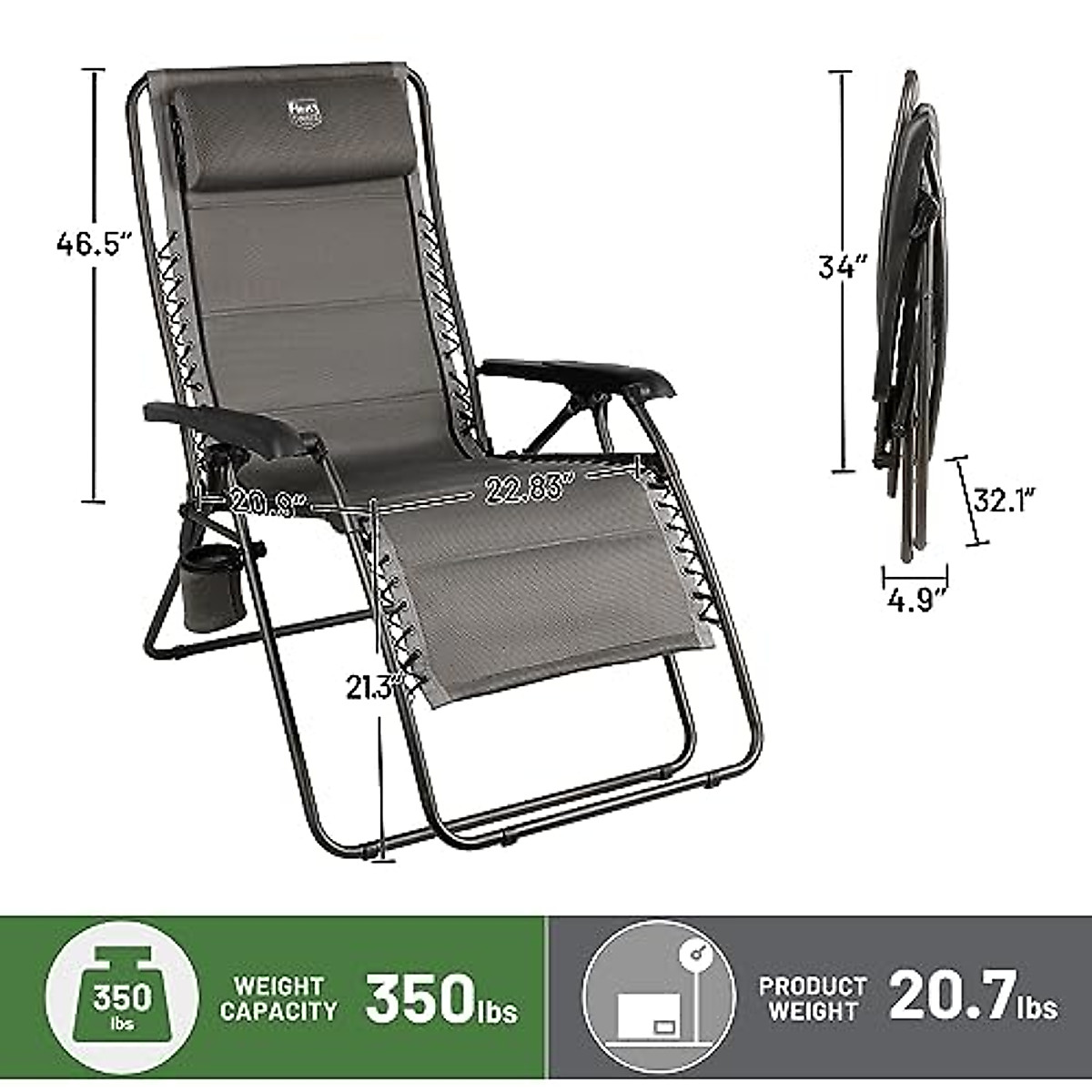 Timber Ridge Balsam Deluxe Zero Gravity Lounger Oversize Outdoor Recliner Chair, Grey