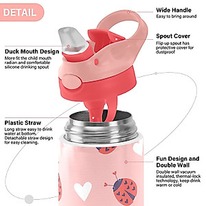 ALAZA Ladybug White Hearts Kids Water Bottles with Lids Straw Insulated Stainless Steel Water Bottles Double Walled Leakproof Tumbler Travel Cup for Girls Boys Toddlers 12 oz,Pink