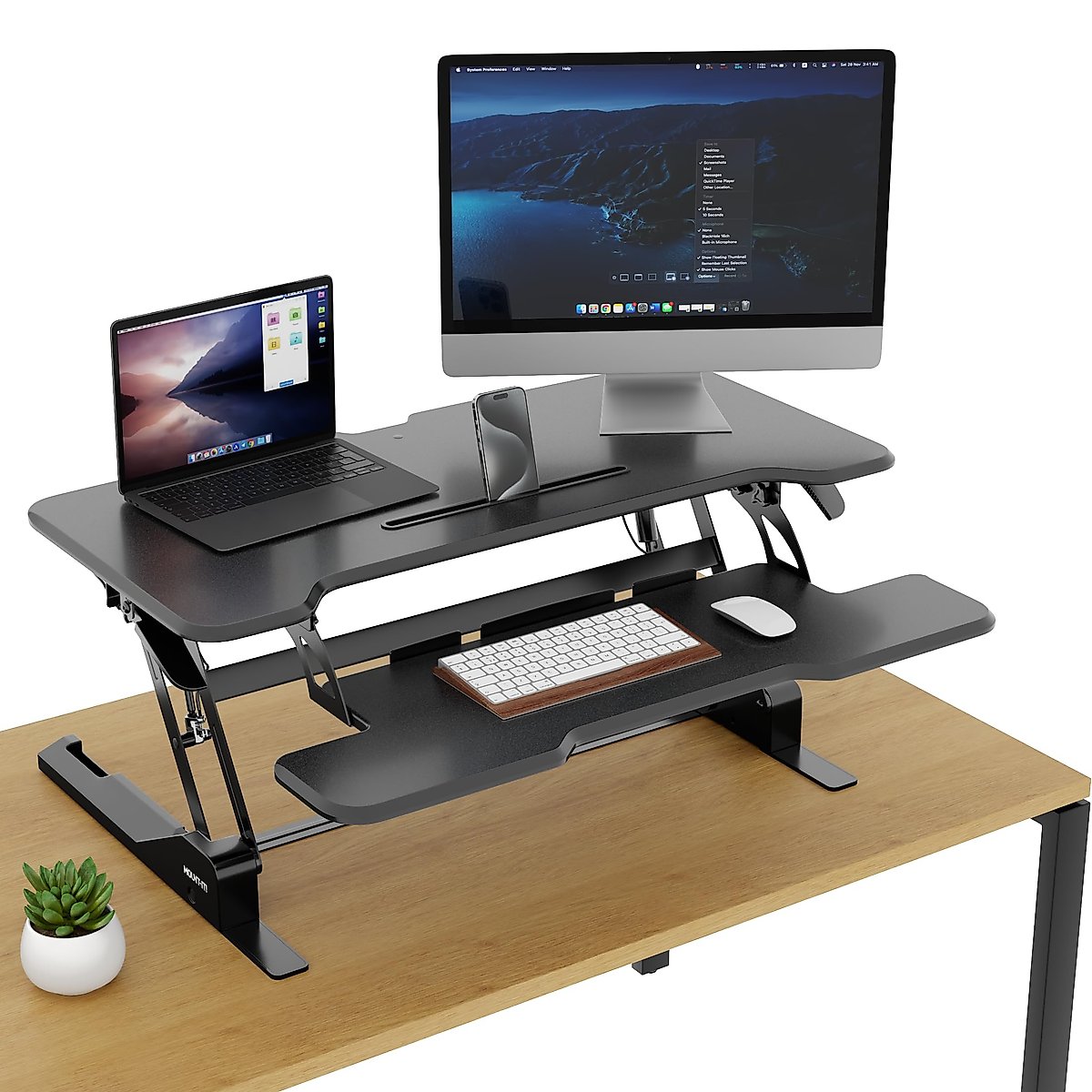 Mount-It! Height Adjustable Standing Desk Converter, 38” Wide, Stand Up Desk Riser for 2 Monitors, Manual Gas Spring Desktop Raises to 16.9", Fits Two Monitor Screens with Keyboard Mouse Tray in Black
